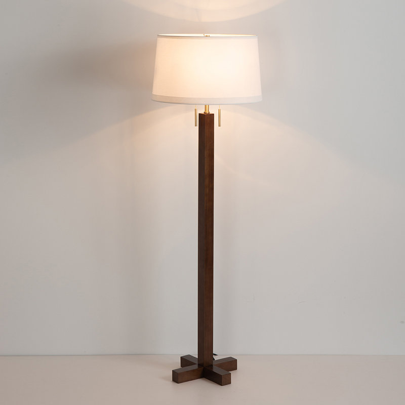 Swiss Cross Floor Lamp Dark Walnut Wood Finish Weathered Brass White Linen Shade